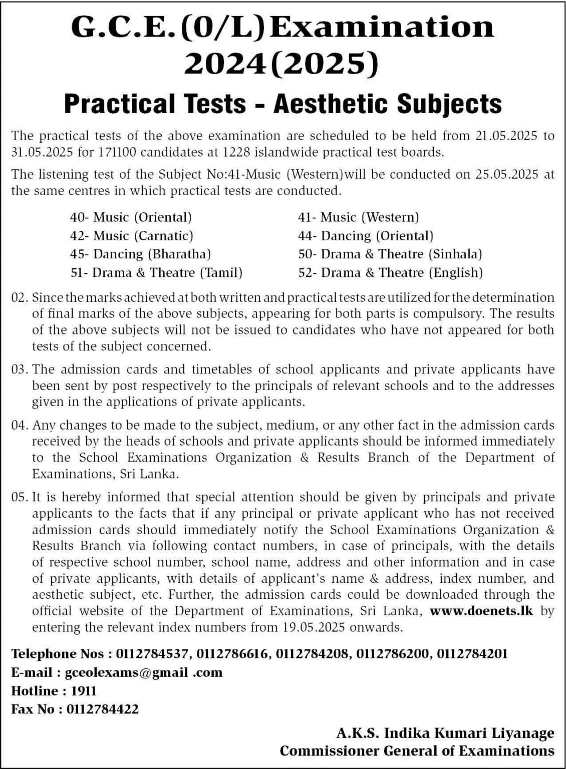 Notice and Admission Card for GCE O/L 2024 (2025) Practical ...