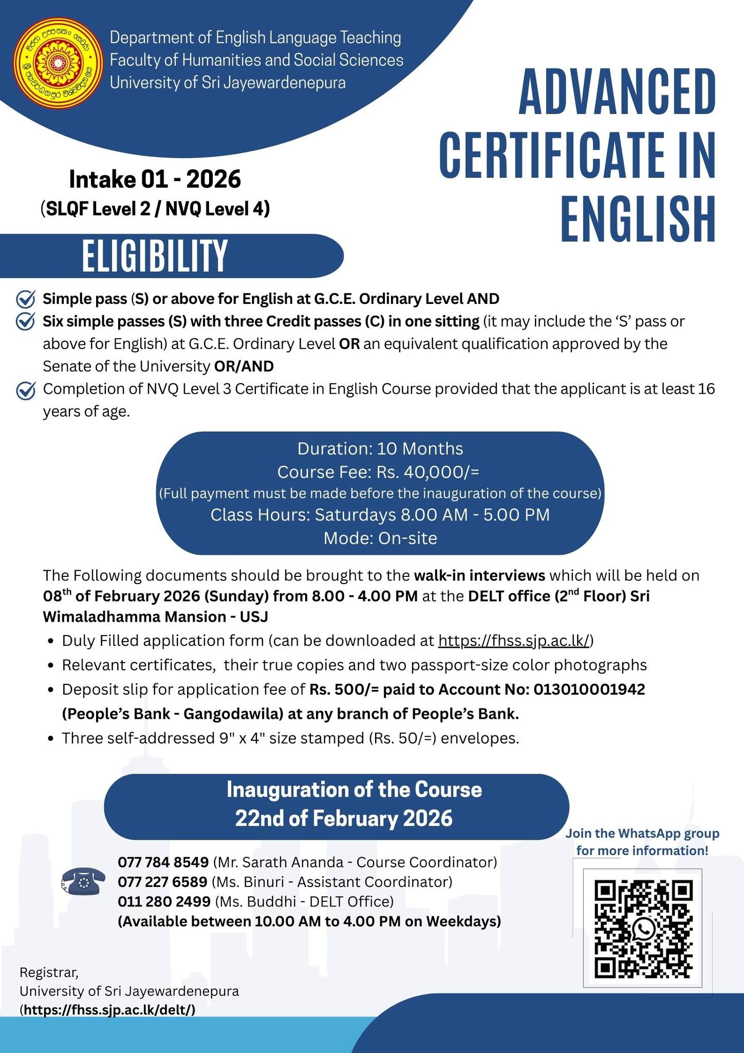 Advanced Certificate in English 2026 – University of Sri ...