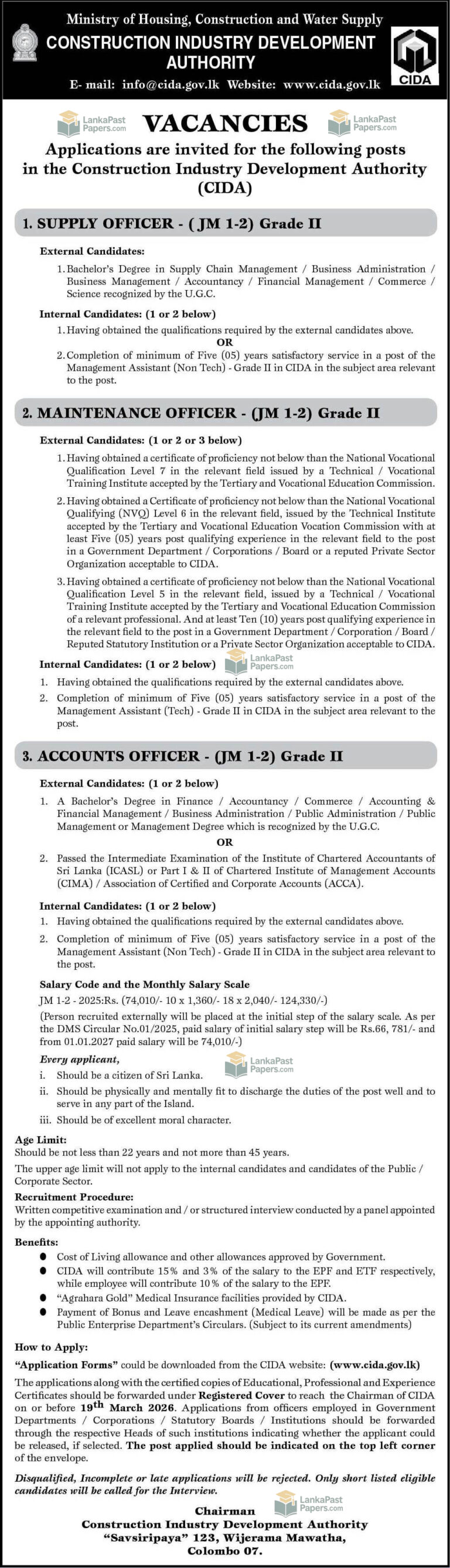 Construction Industry Development Authority CIDA Vacancies 2026 - Notes.lk