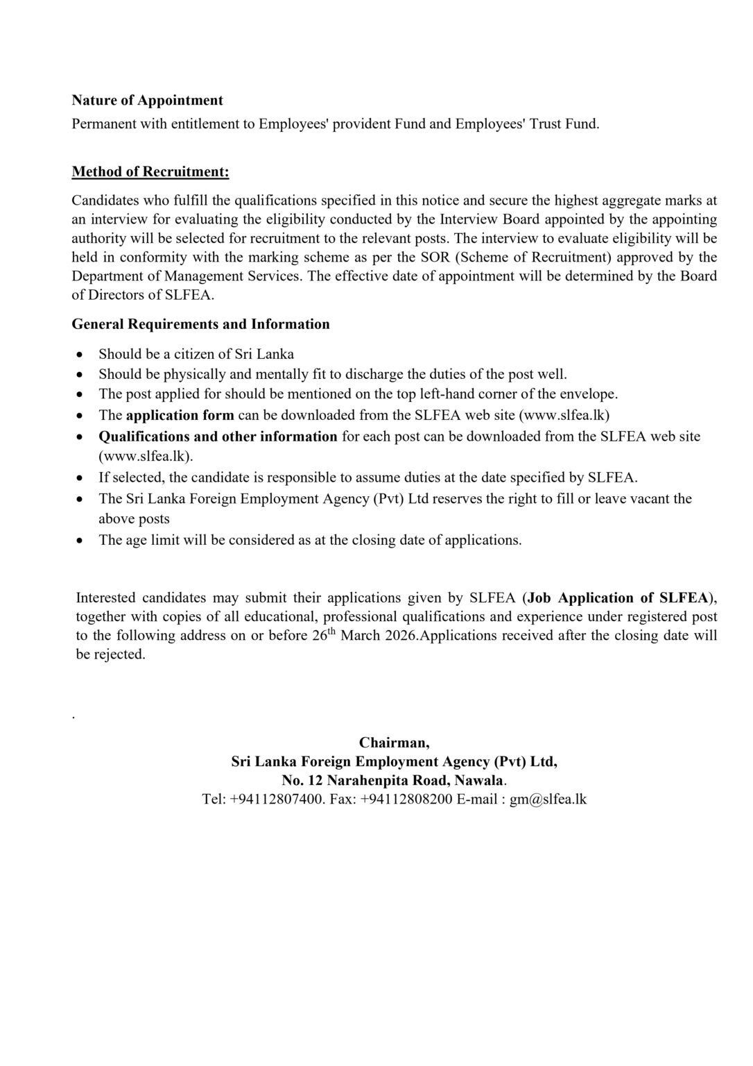 Sri Lanka Foreign Employment Agency (SLFEA) Jobs 2026 - Notes.lk