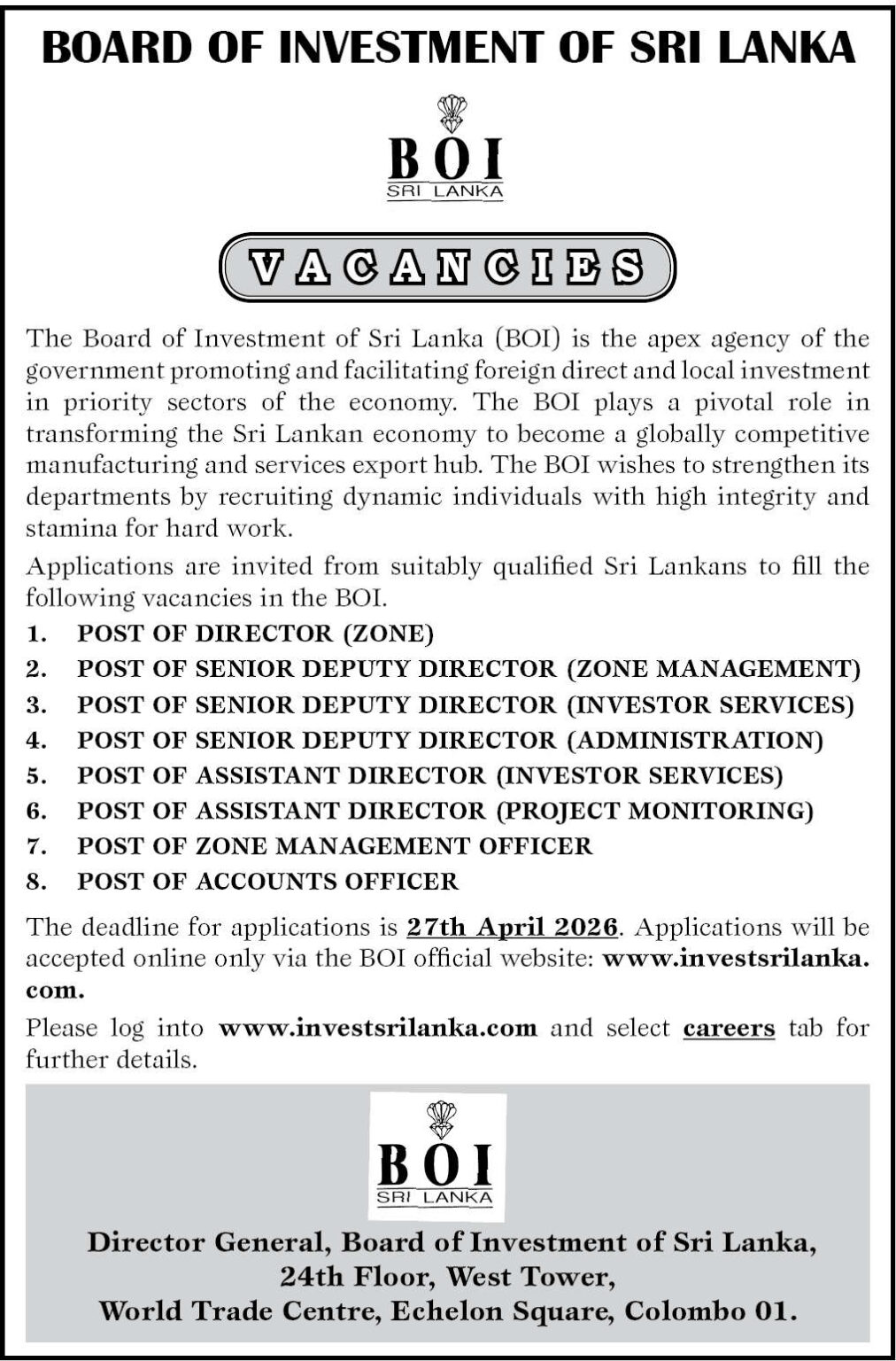 Board of Investment (BOI) Job Vacancies 2026 April - Notes.lk