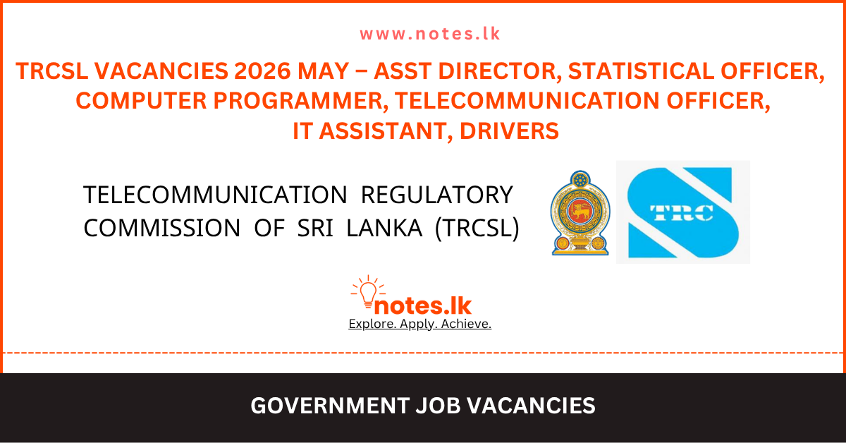 TRCSL Vacancies 2026 May – Asst Director, Statistical Officer, Computer ...
